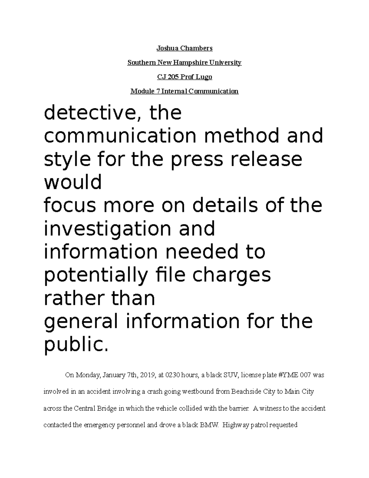 CJ 205 Mod 7 Internal Communication - Joshua Chambers Southern New ...