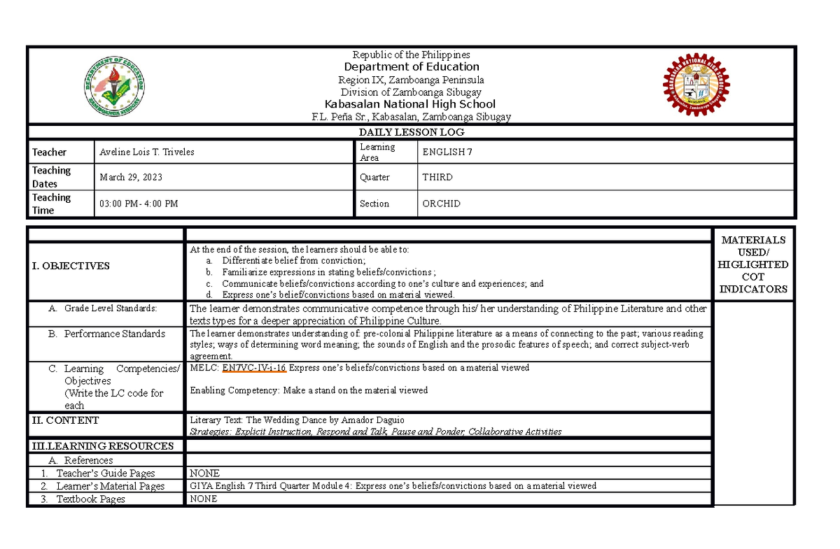 Lesson Plan English 7 Quarter 3 Classroom Observation - Republic of the Philippines Department ...