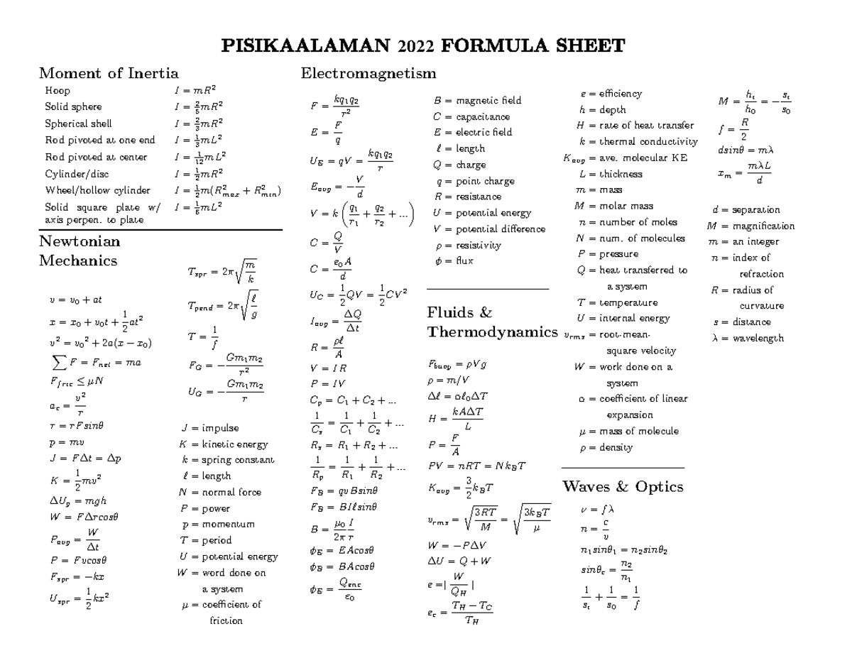 Formula Sheets - asdfghjk - PISIKAALAMAN 2022 FORMULA SHEET Moment of ...