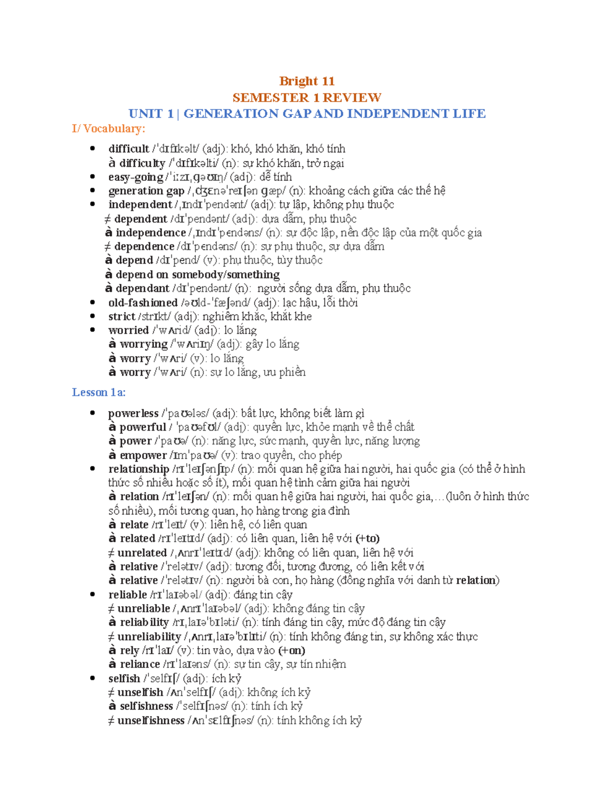 TA11 BR - Semester 1 Review - Bright 11 SEMESTER 1 REVIEW UNIT 1 | GENERATION GAP AND ...