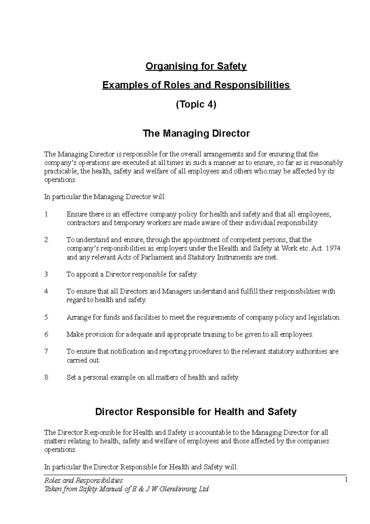 Topic 4responsibilities - Organising for Safety Examples of Roles and ...