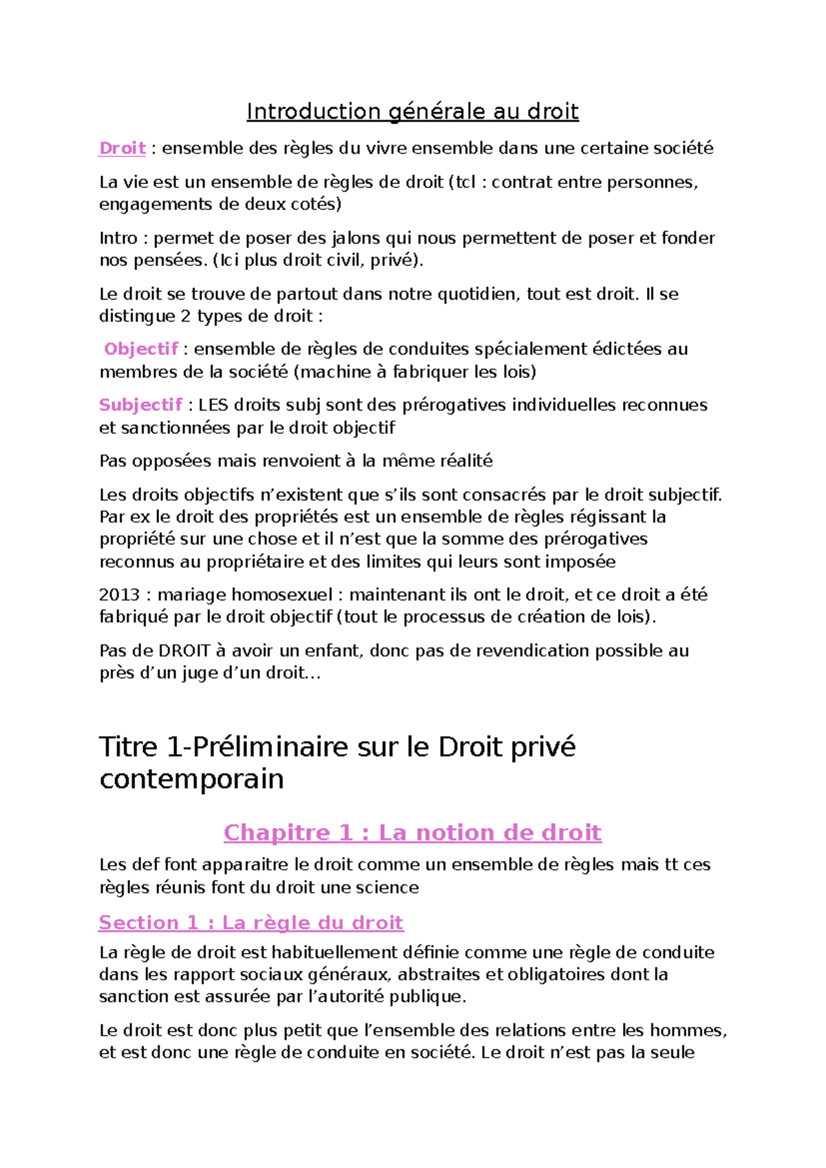 Intro et chap 1 - Introduction générale au droit Droit : ensemble des règles du vivre ensemble ...