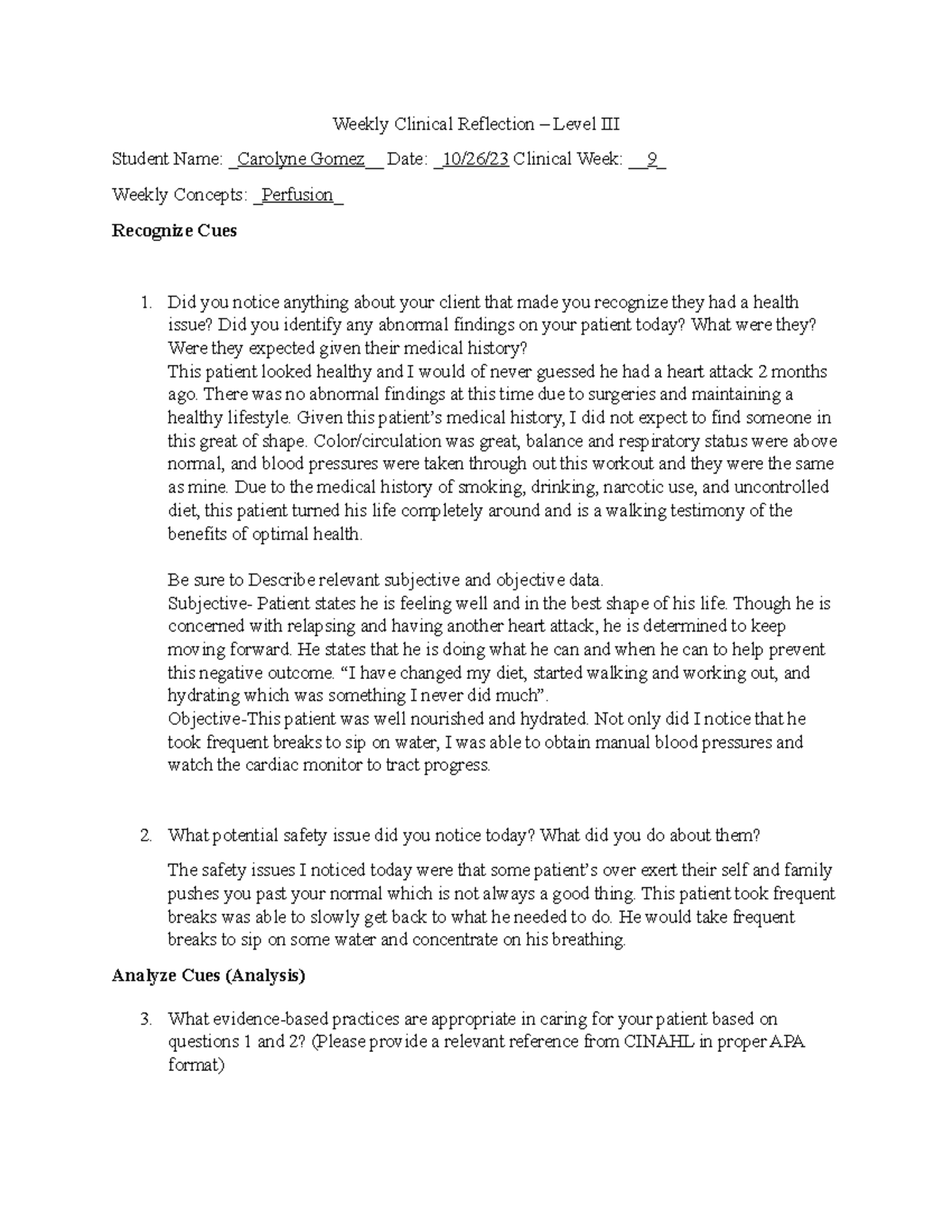 Weekly Clinical Reflection level III week 9 - Weekly Clinical ...