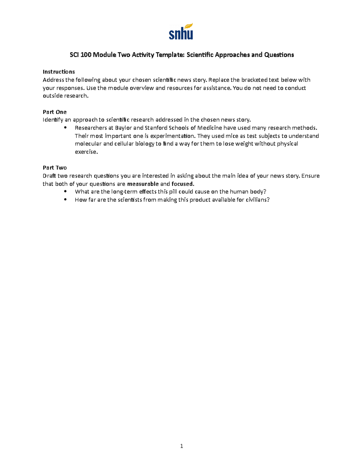SCI 100 Module Two Activity Template - Replace the bracketed text below with your responses. Use ...