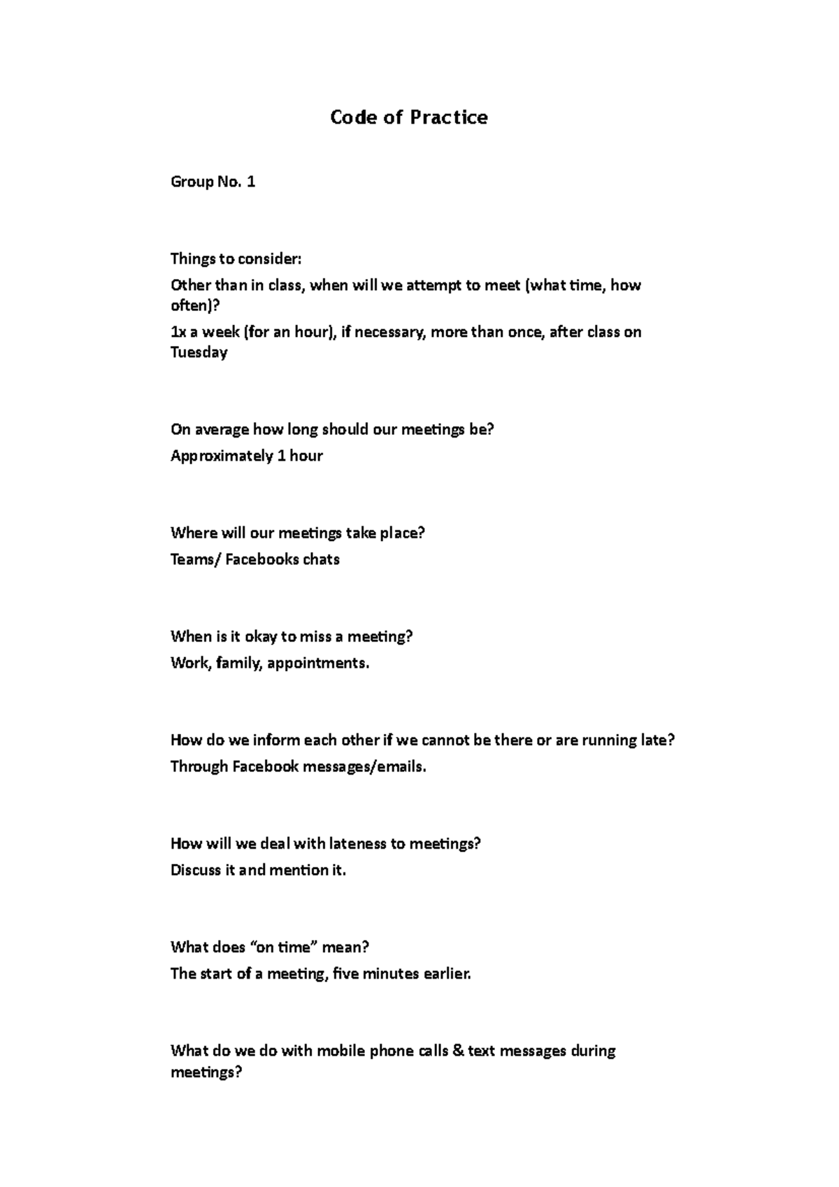 Ellery group 1 reflection - Code of Practice Group No. 1 Things to ...