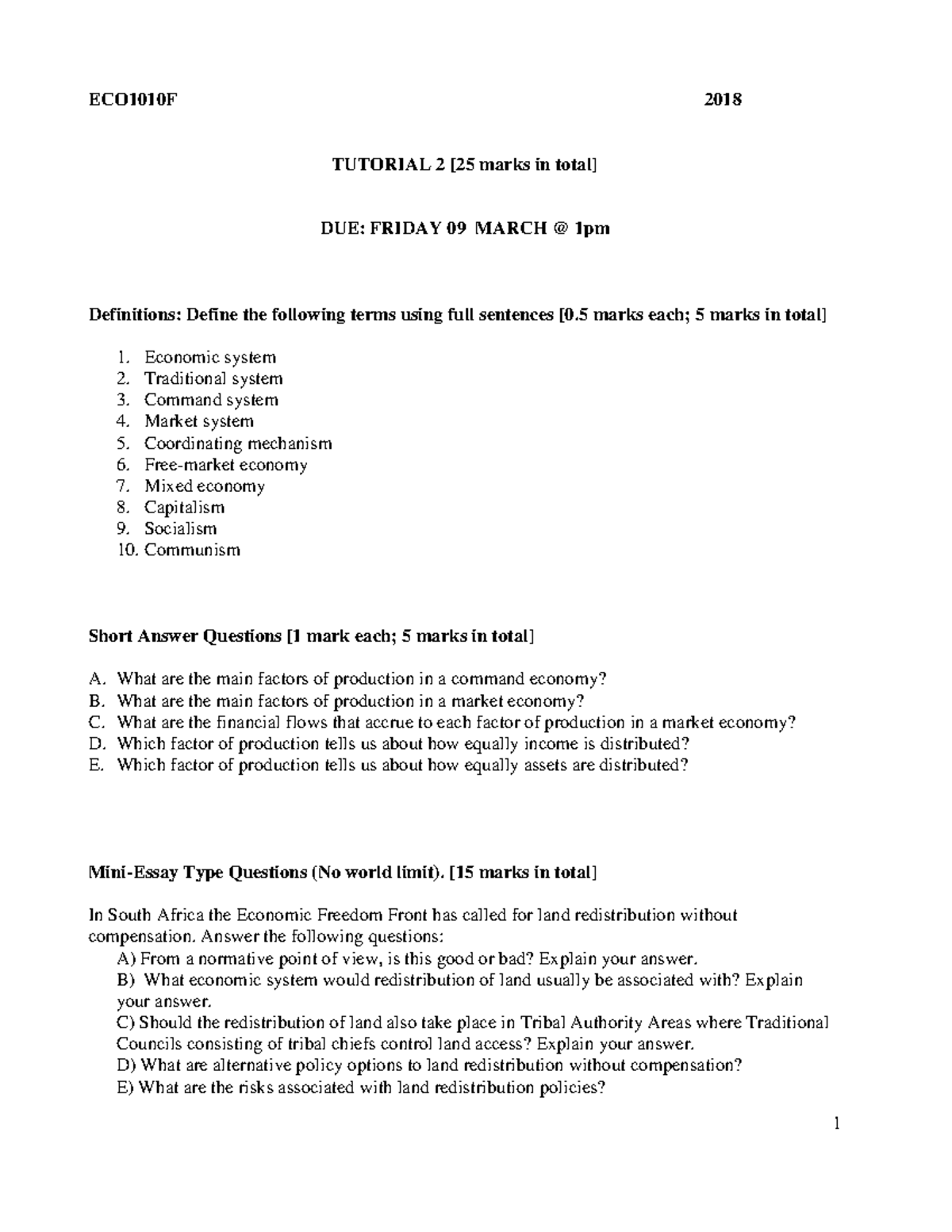 Tutorial 2 - 2018 - week 2 tut - ECO1010F 2018 TUTORIAL 2 [25 marks in ...