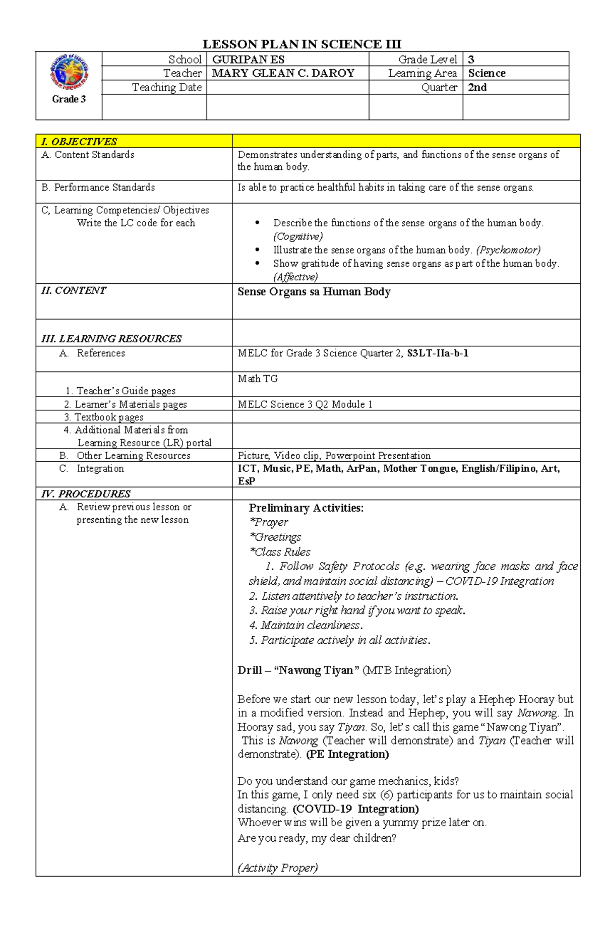Lessonplan SCI3 Q2 daroy - LESSON PLAN IN SCIENCE III Grade 3 School ...