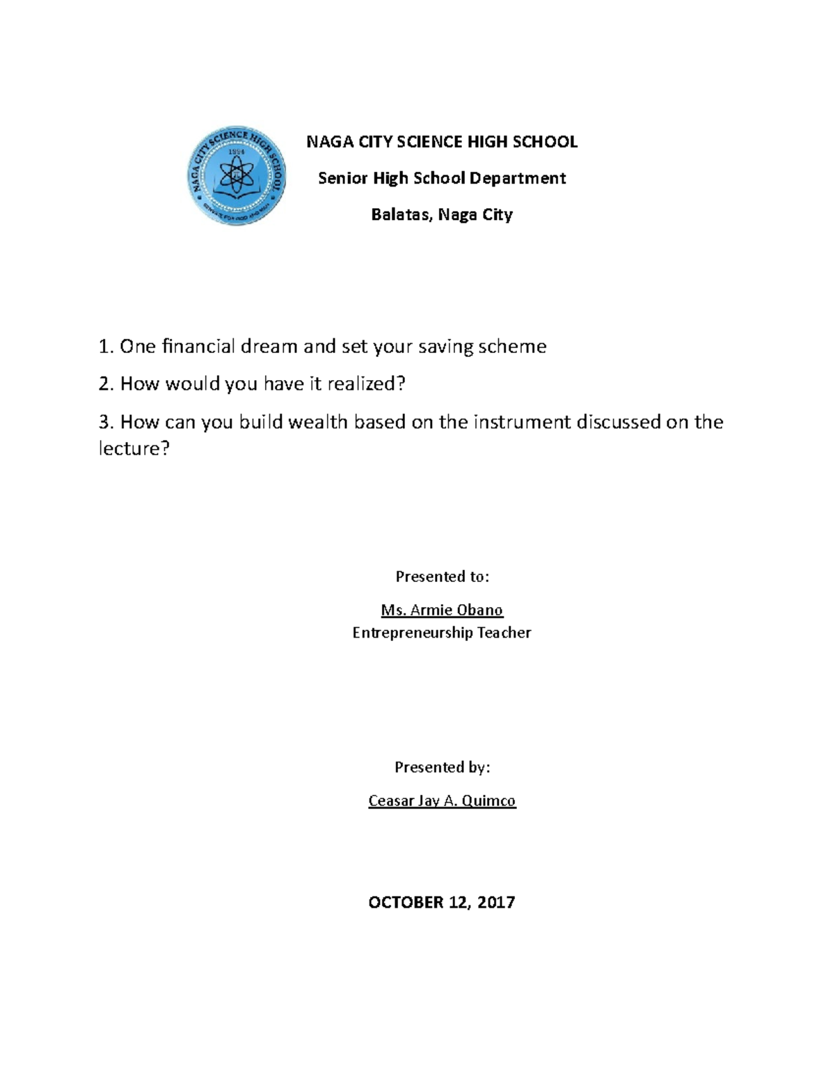 Entrep - Assignment paper - NAGA CITY SCIENCE HIGH SCHOOL Senior High ...