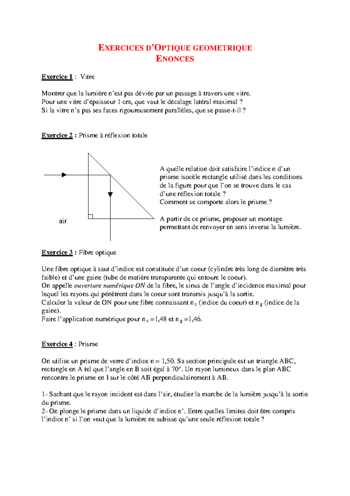 Correction des travaux dirigés de l'optique géométrique - Exercice 1 ...