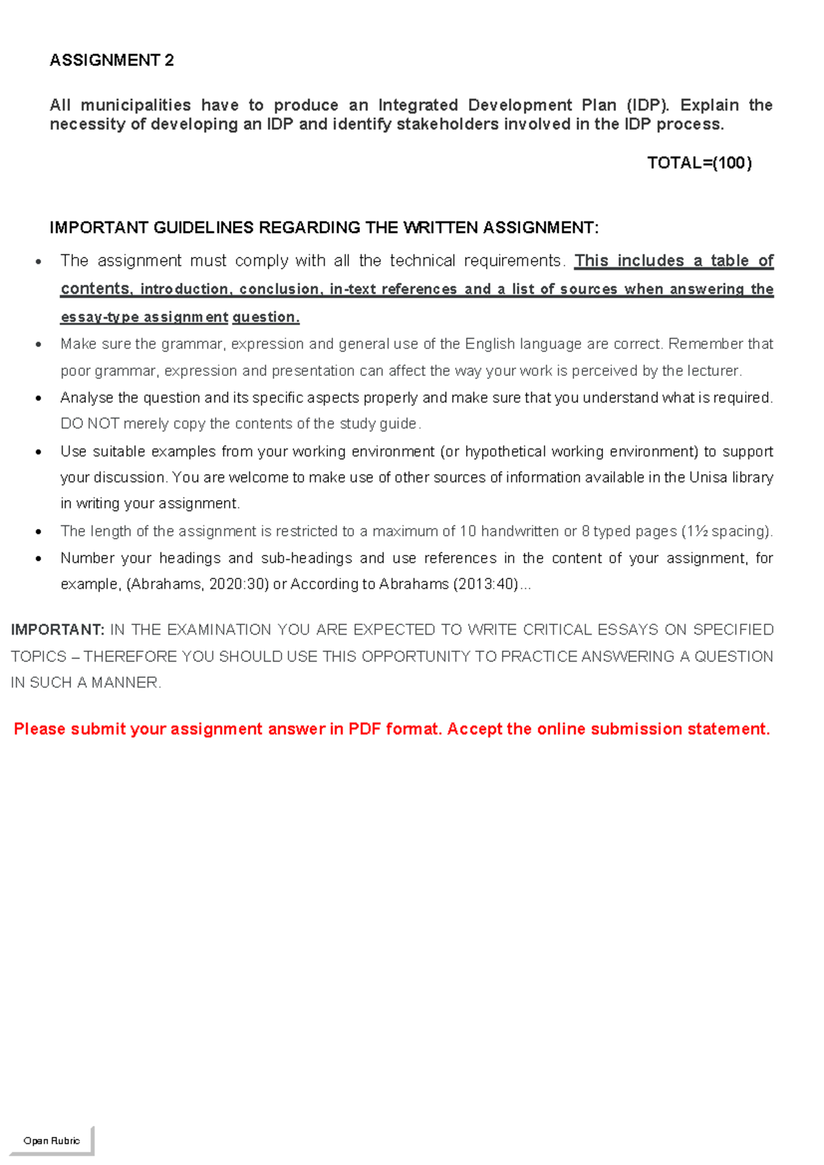 PUB1502 Semester 2 Assignment 2 2024 - ASSIGNMENT 2 All municipalities ...