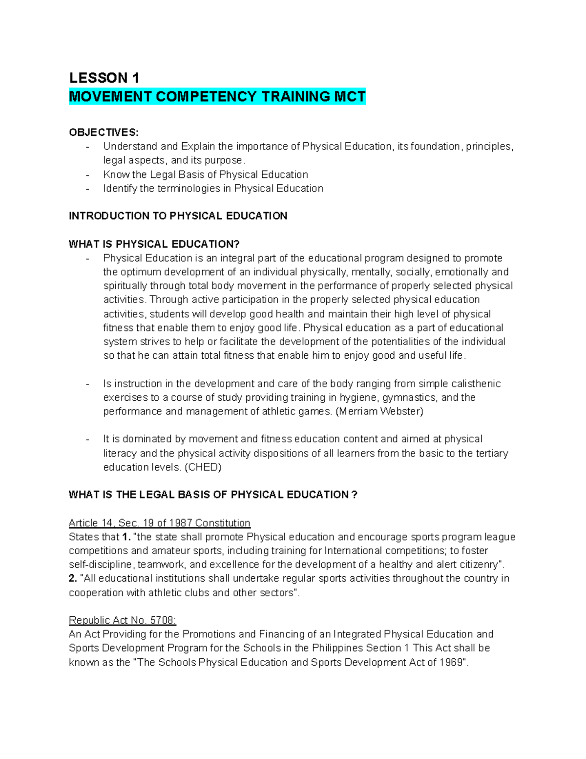 Pathfit- Prelim - LESSON 1 MOVEMENT COMPETENCY TRAINING MCT OBJECTIVES ...