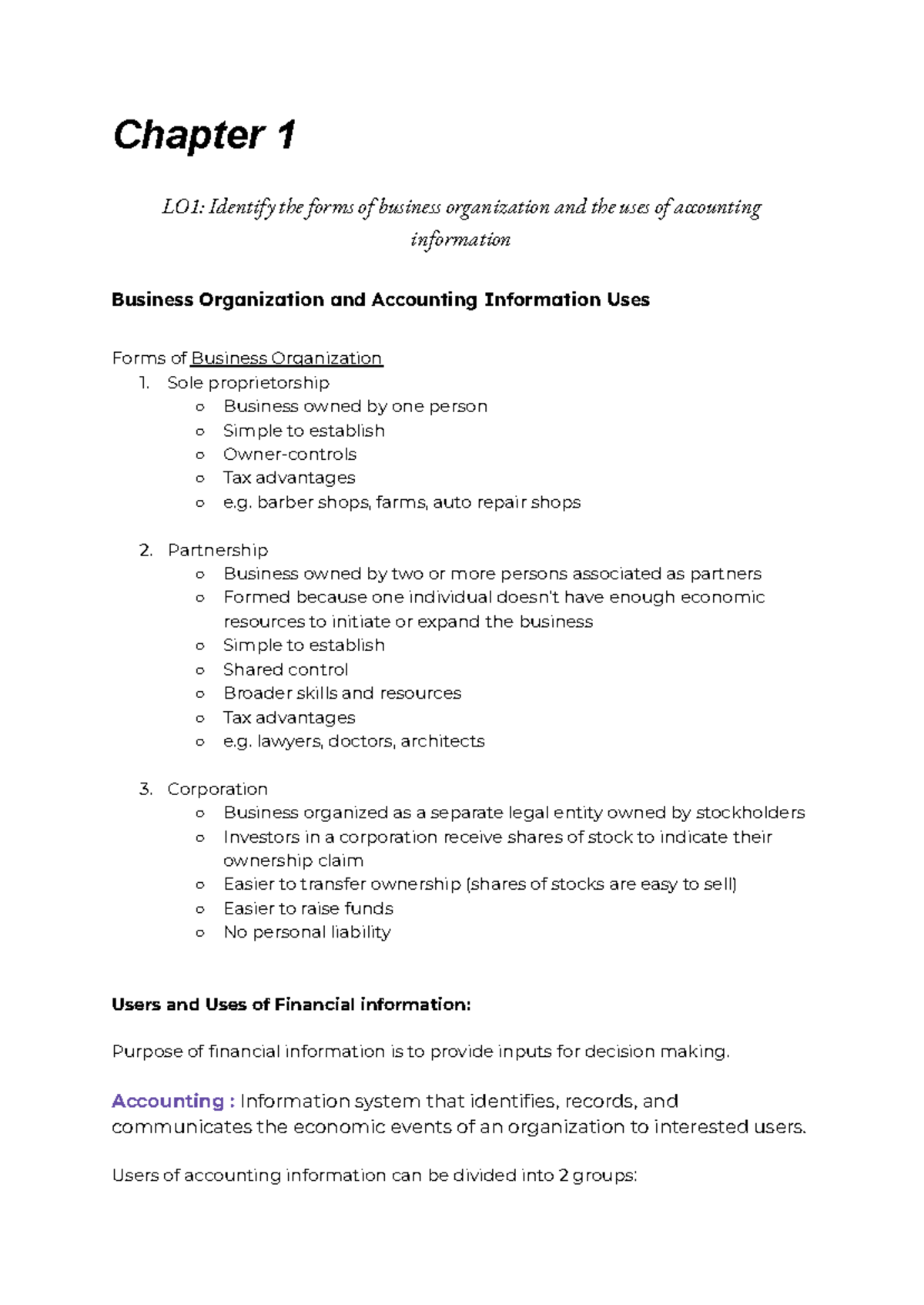 Chapter 1 - Chapter 1 LO1: Identify the forms of business organization ...