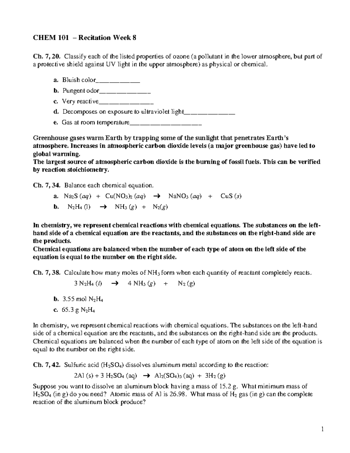 CHEM 101 Recitation Week 8 - 1 CHEM 101 – Recitation Week 8 Ch. 7, 20 ...