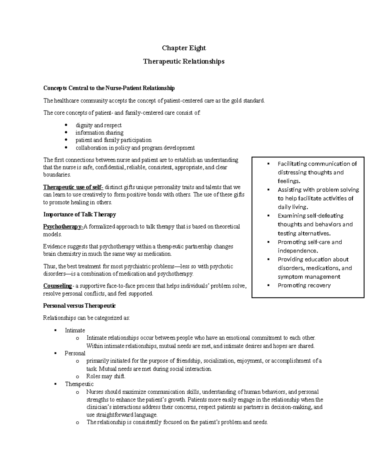 Chapter Eight Book Notes - Chapter Eight Therapeutic Relationships ...