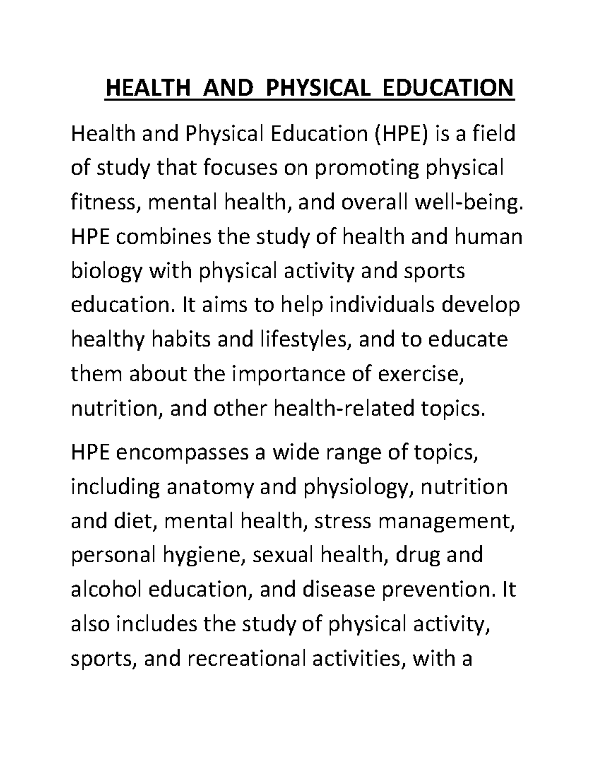 Health AND Physical Education 1 - HEALTH AND PHYSICAL EDUCATION Health ...