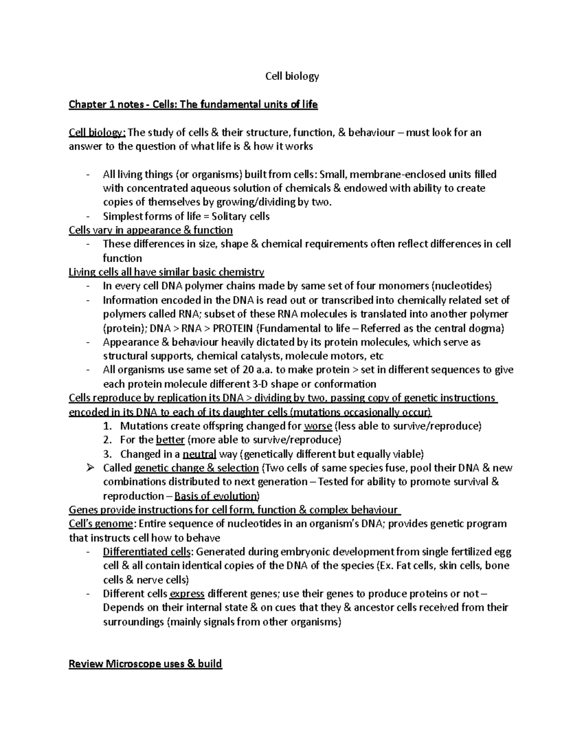 Cell biology notes - Summaries of the first and half of second chapter ...