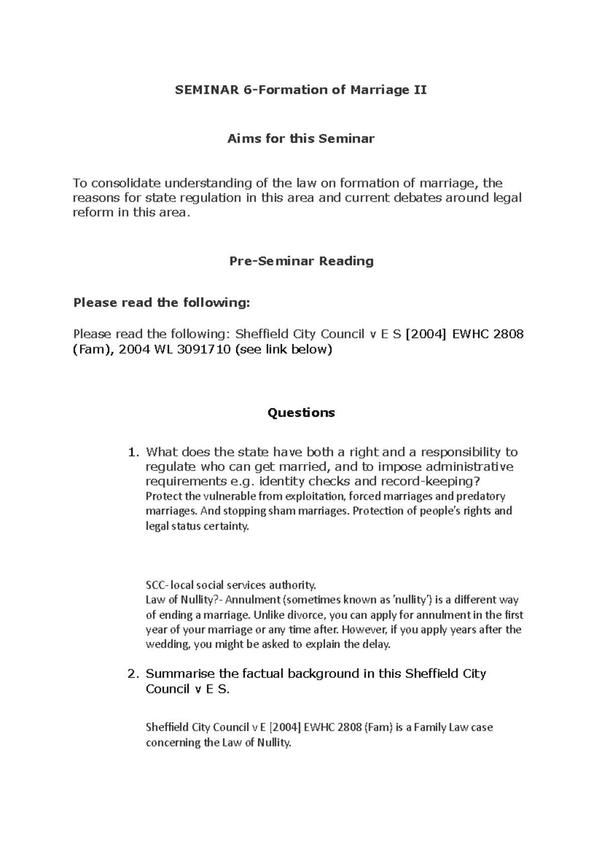 Seminar 6-Formation of Marriage II- Sheffield City Council v E S ...