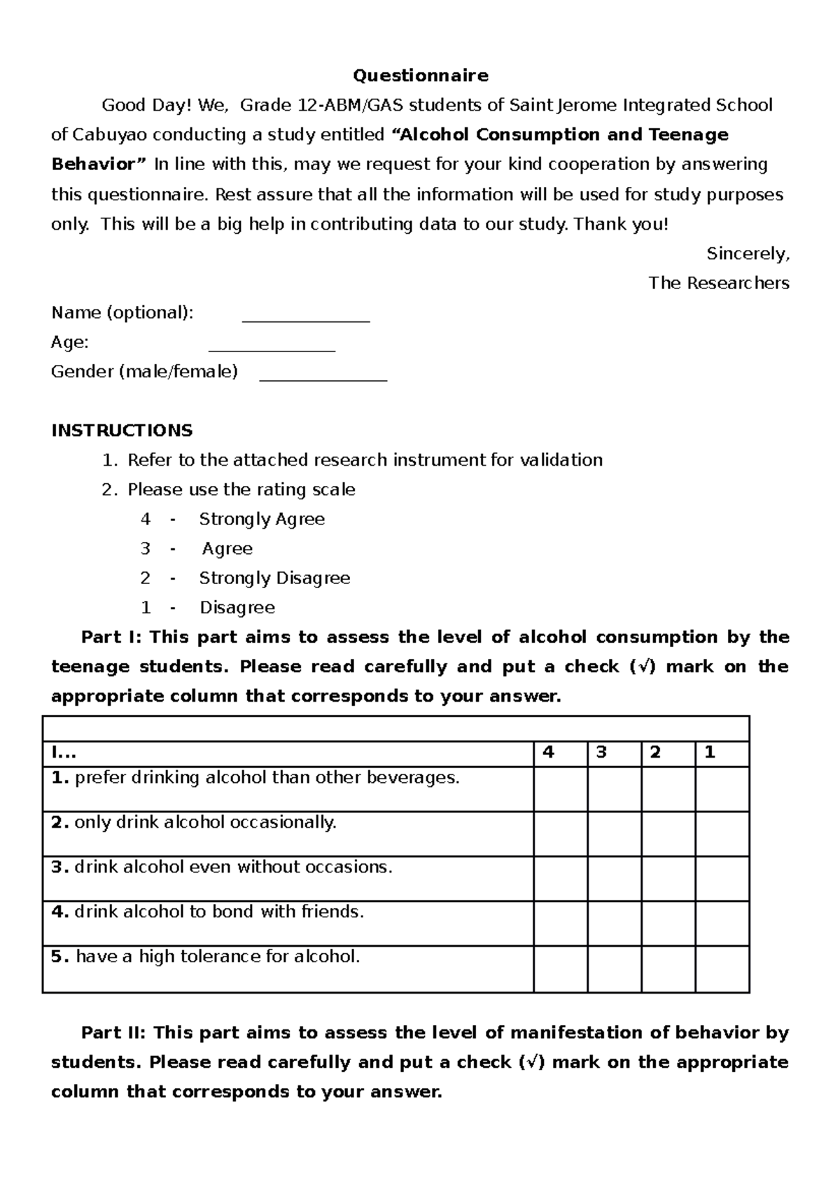 Research questionnaire 12345 - Questionnaire Good Day! We, Grade 12-ABM ...