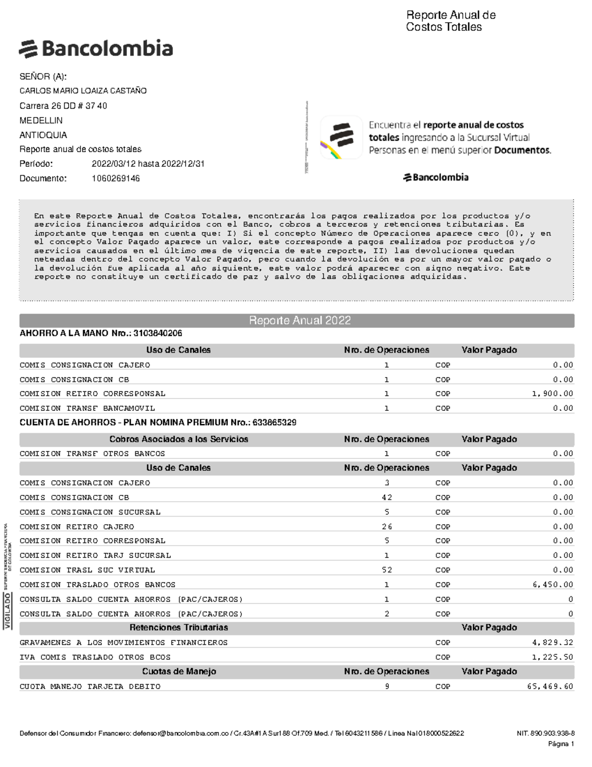 Documento 202212 reporte de costos totales 9146 - Reporte Anual de Costos Totales SEÑOR (A ...