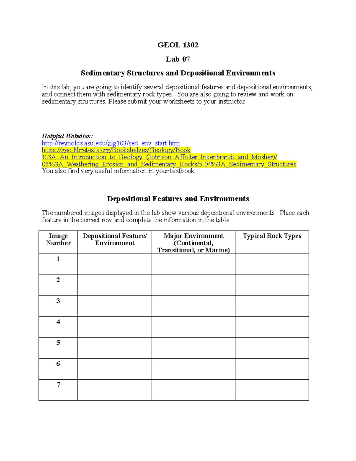 GEOL 1302 - Lab 07 - Sed Struct Depo Env - GEOL 1302 Lab 07 Sedimentary ...