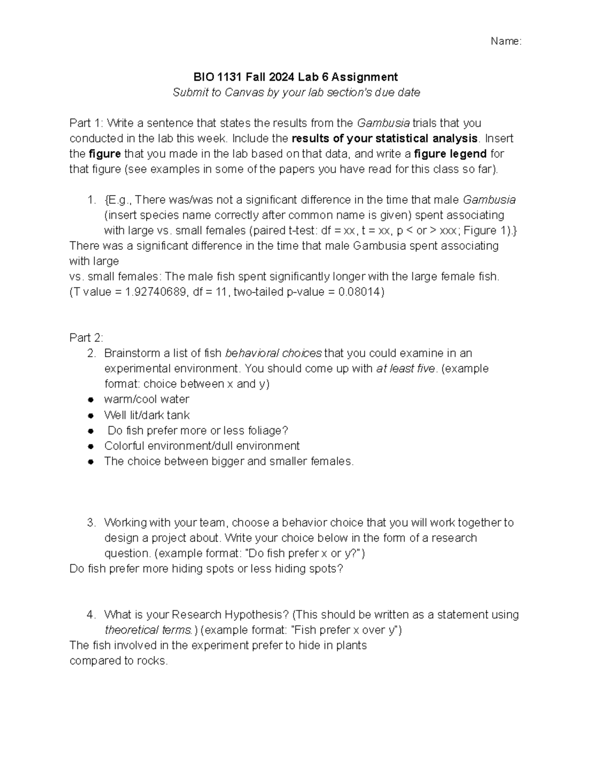 Lab 6 Fish Behavior - Name: BIO 1131 Fall 2024 Lab 6 Assignment Submit ...