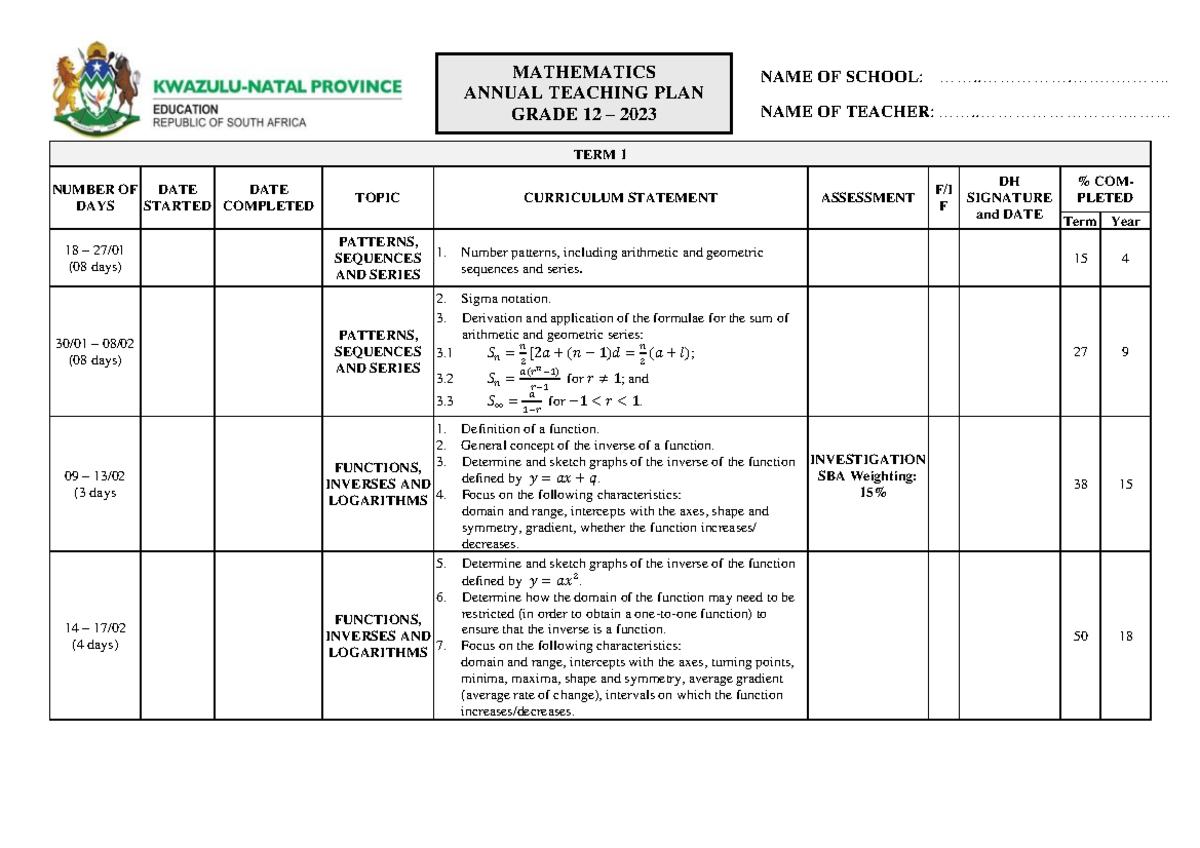 2023 Grade 12- Maths-ATP- Final Version - TERM 1 NUMBER OF DAYS DATE ...