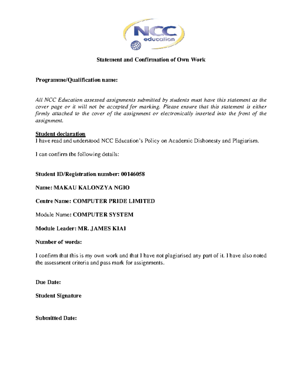 Computer Systems 00146058 - Statement and Confirmation of Own Work ...