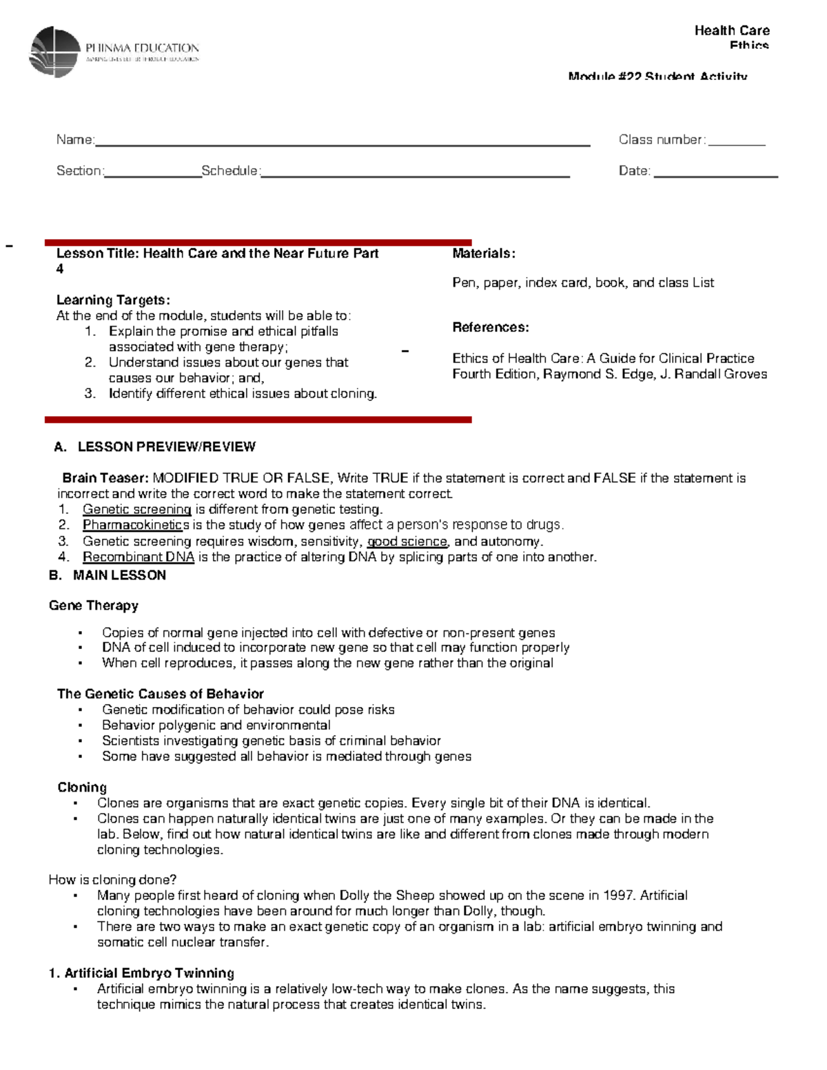 SAS22 Bioethics - Ethics (Bioethics) Module #22 Student Activity Sheet ...