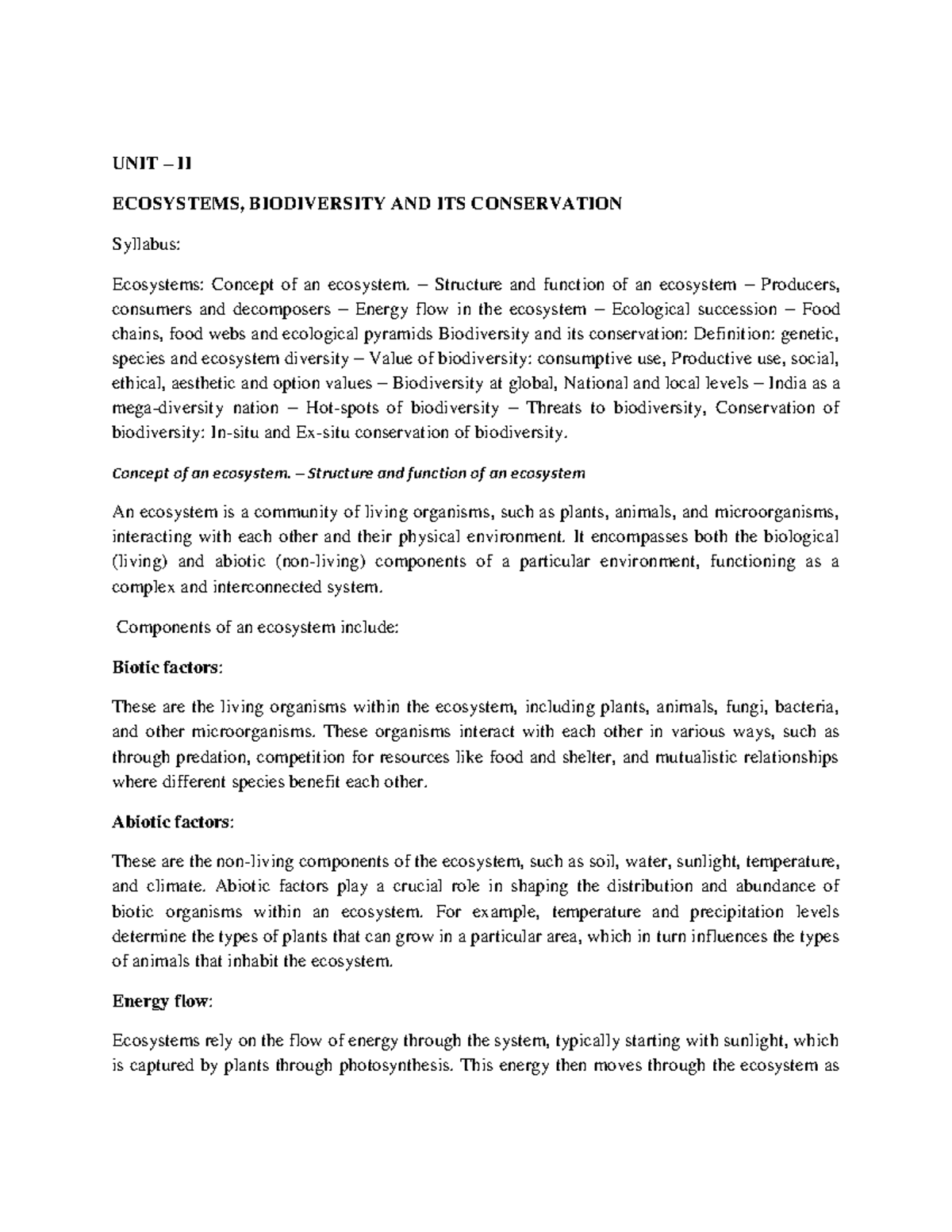 Env 2 - evs - UNIT – II ECOSYSTEMS, BIODIVERSITY AND ITS CONSERVATION Syllabus: Ecosystems ...