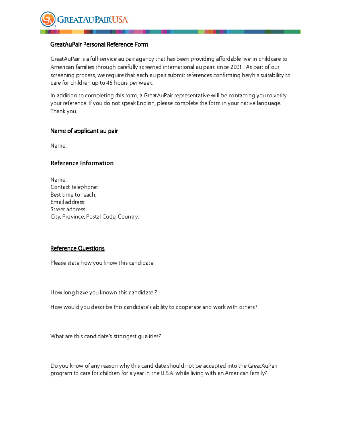 Great Au Pair Au Pair Personal Reference Form - GreatAuPair Personal ...