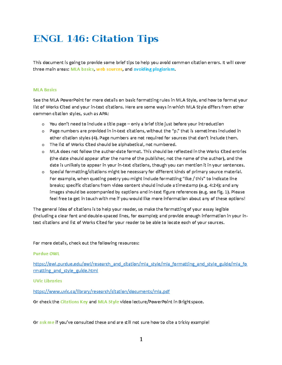 Citation tips - ENGL 146: Citation Tips This document is going to provide some brief tips to ...