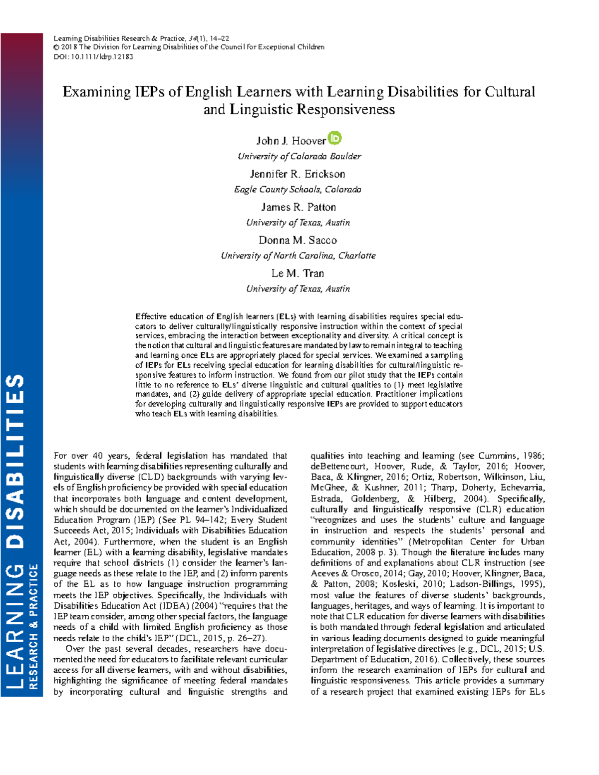 IEPs FOR ELs Hoover et al-2019-Learning Disabilities Research ...