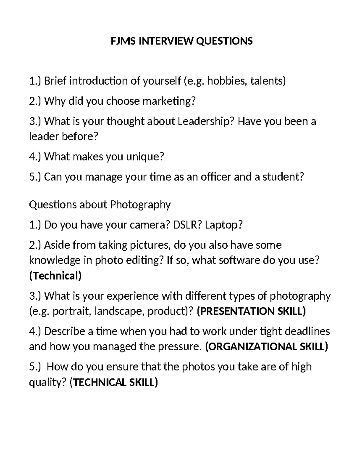 FJMS- Interview- Questions - FJMS INTERVIEW QUESTIONS 1.) Brief ...