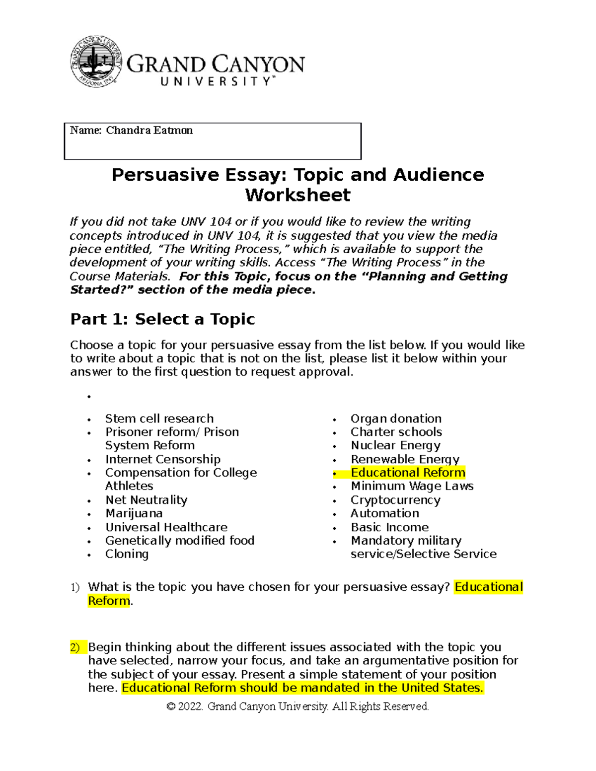 CE T1 Topicand Audience Worksheet PHI105 Persuasive Essay Planning 6-4 ...
