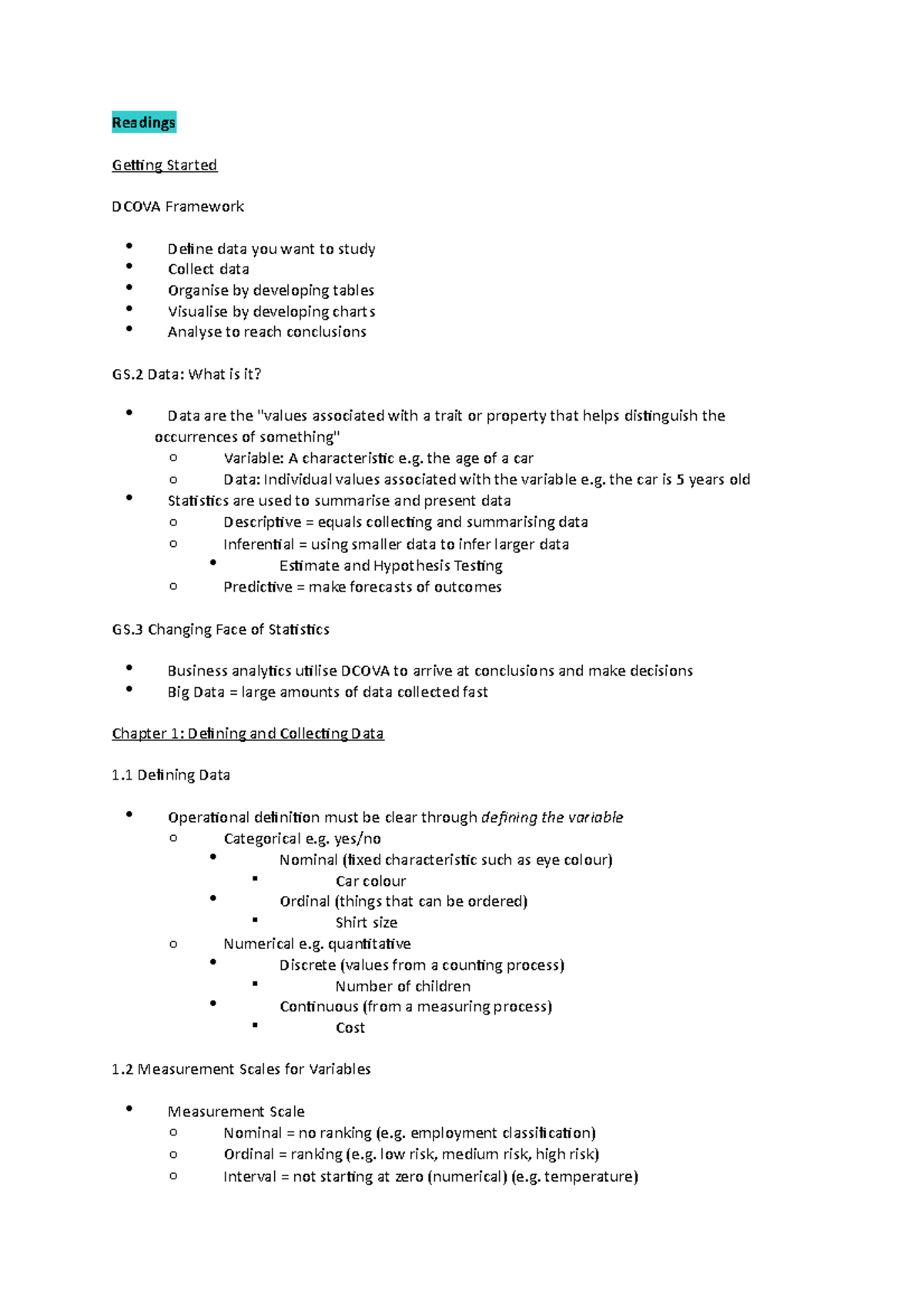 Week 1 Lecture Notes - Readings Getting Started DCOVA Framework Define ...