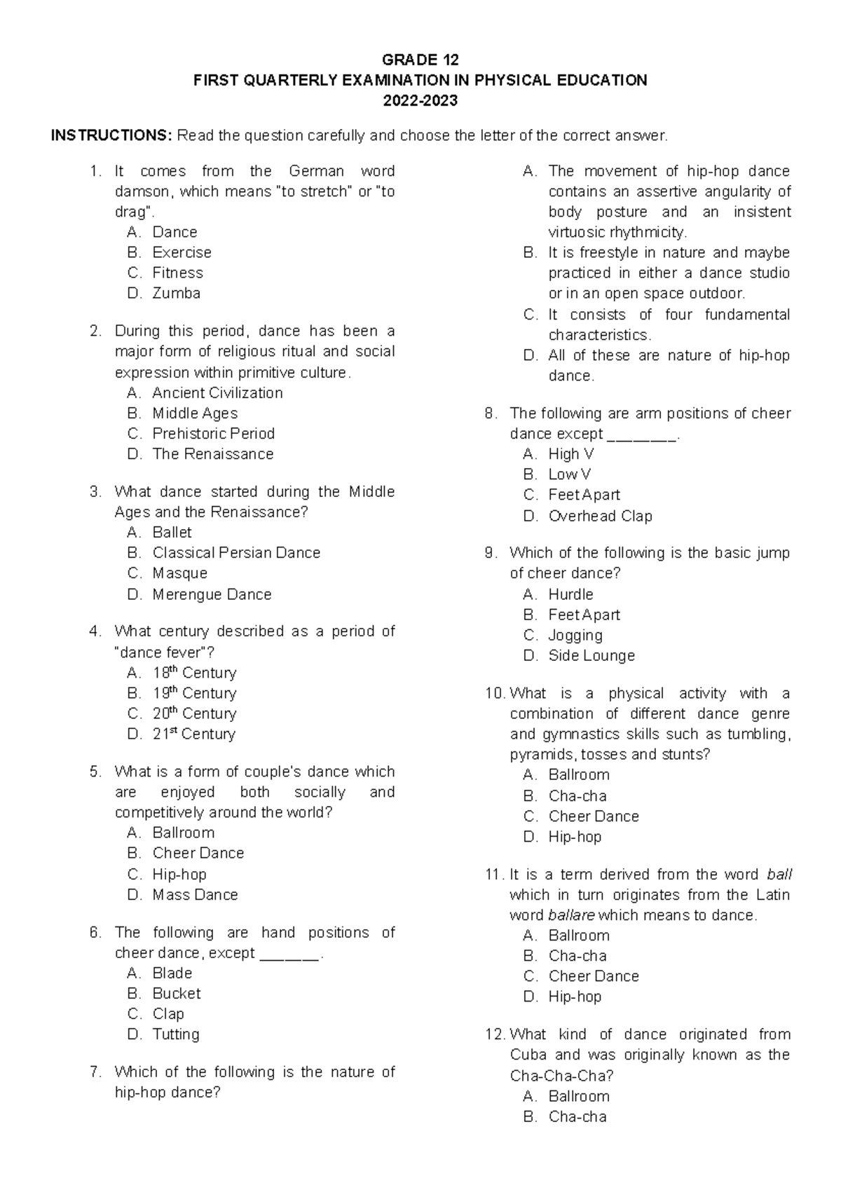 1ST Quarterly Examination FOR Physical Education TQ - GRADE 12 FIRST ...