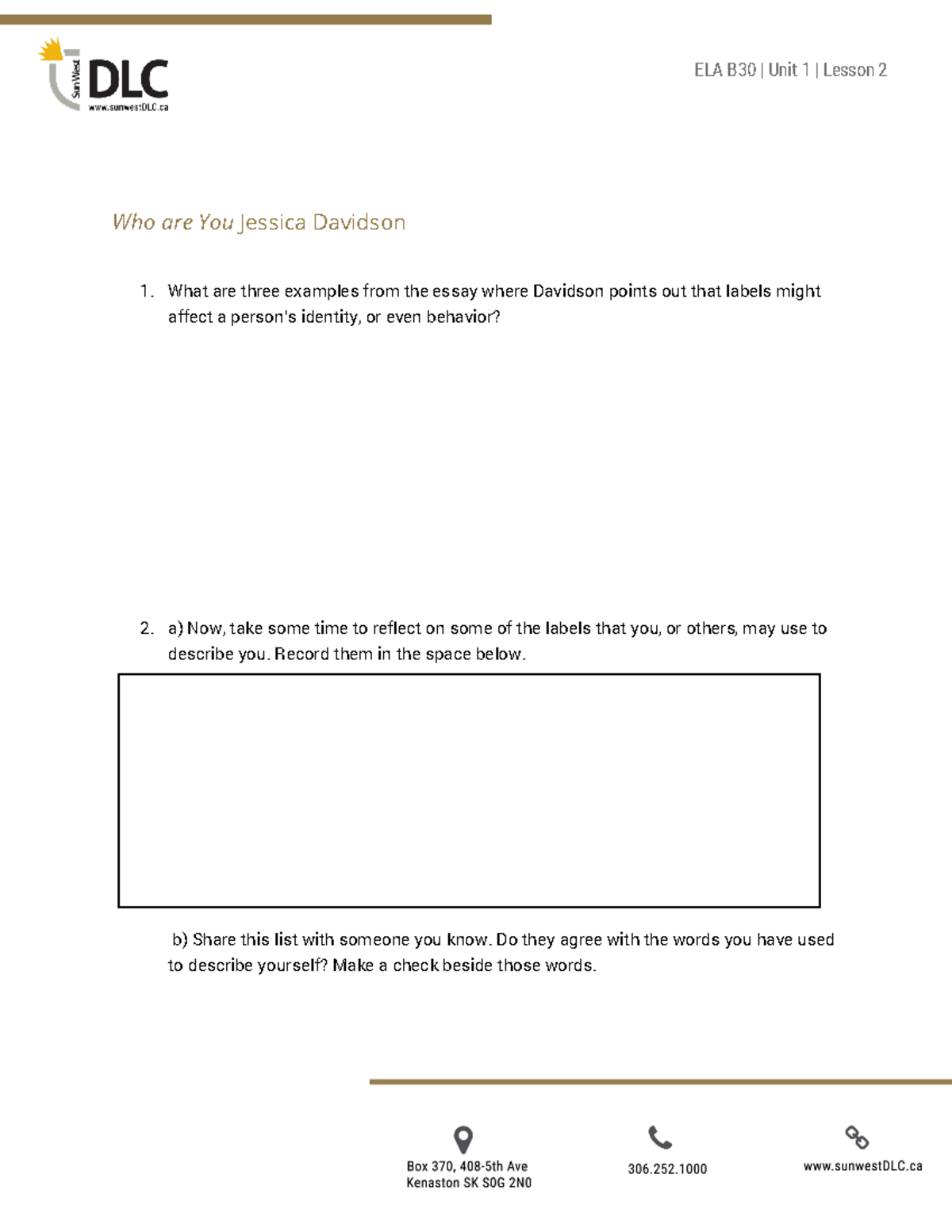 L1C3After Questions for Readings - ELA B30 | Unit 1 | Lesson 2 Who are ...