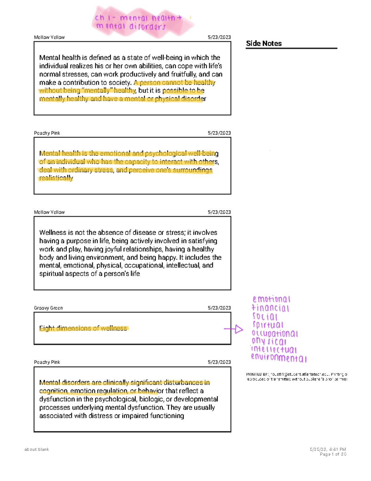 Book Notes Ch 1-3 - Mental health is de4ned as a state of well-being in ...