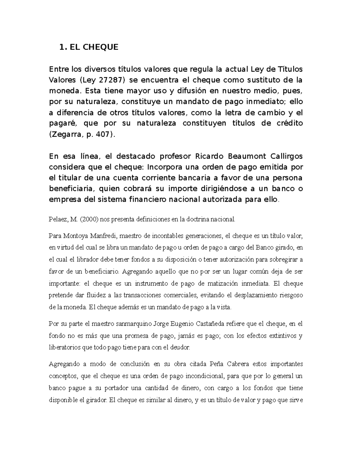 EL Cheque Numero 1 - 1. EL CHEQUE Entre los diversos títulos valores ...