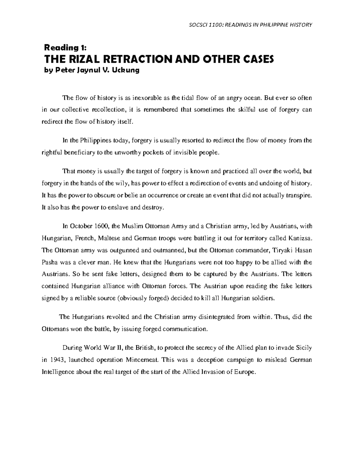 1 The Retraction of Jose Rizal - Reading 1: THE RIZAL RETRACTION AND ...