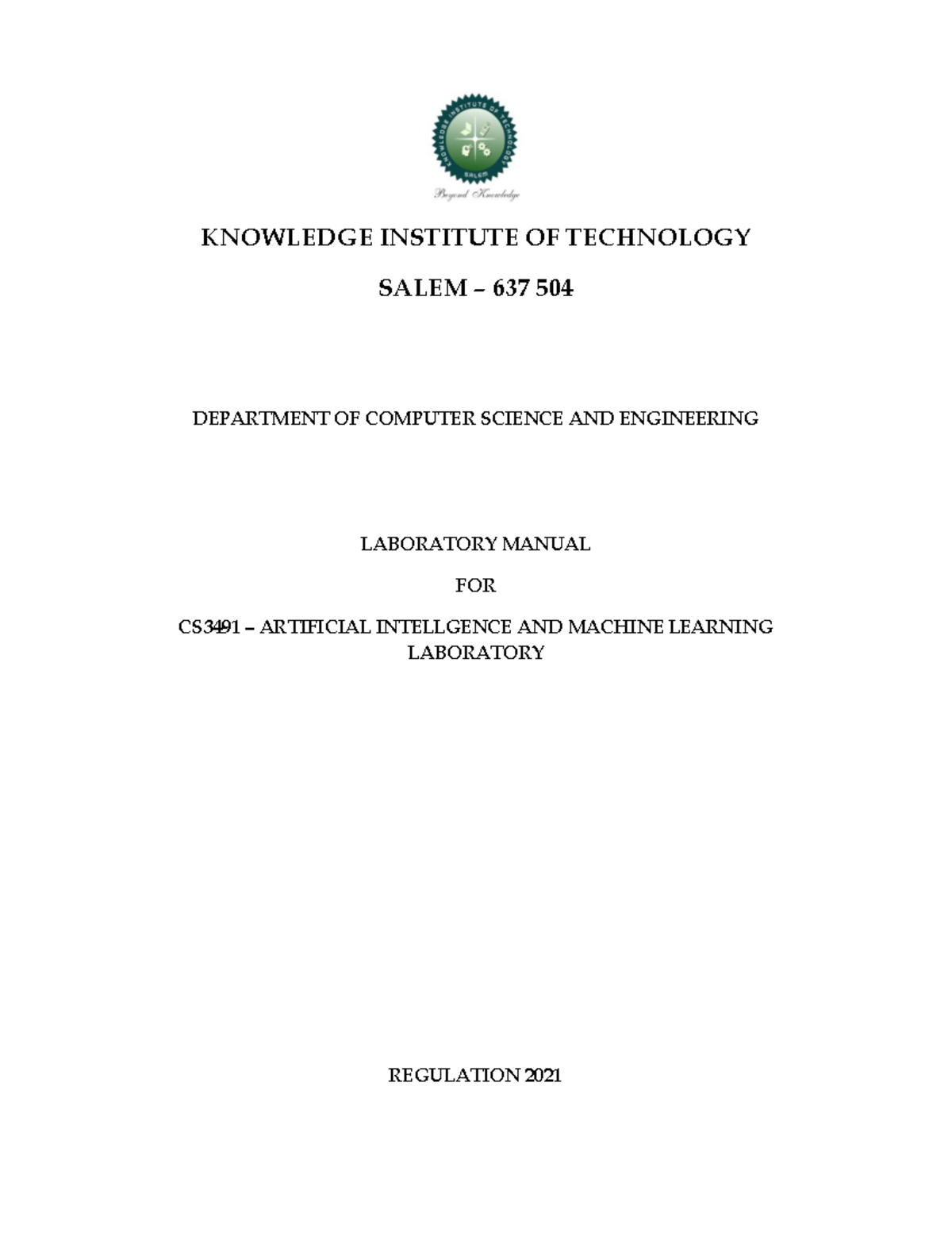 CS3491 AI & ML LAB Manual - KNOWLEDGE INSTITUTE OF TECHNOLOGY SALEM ...