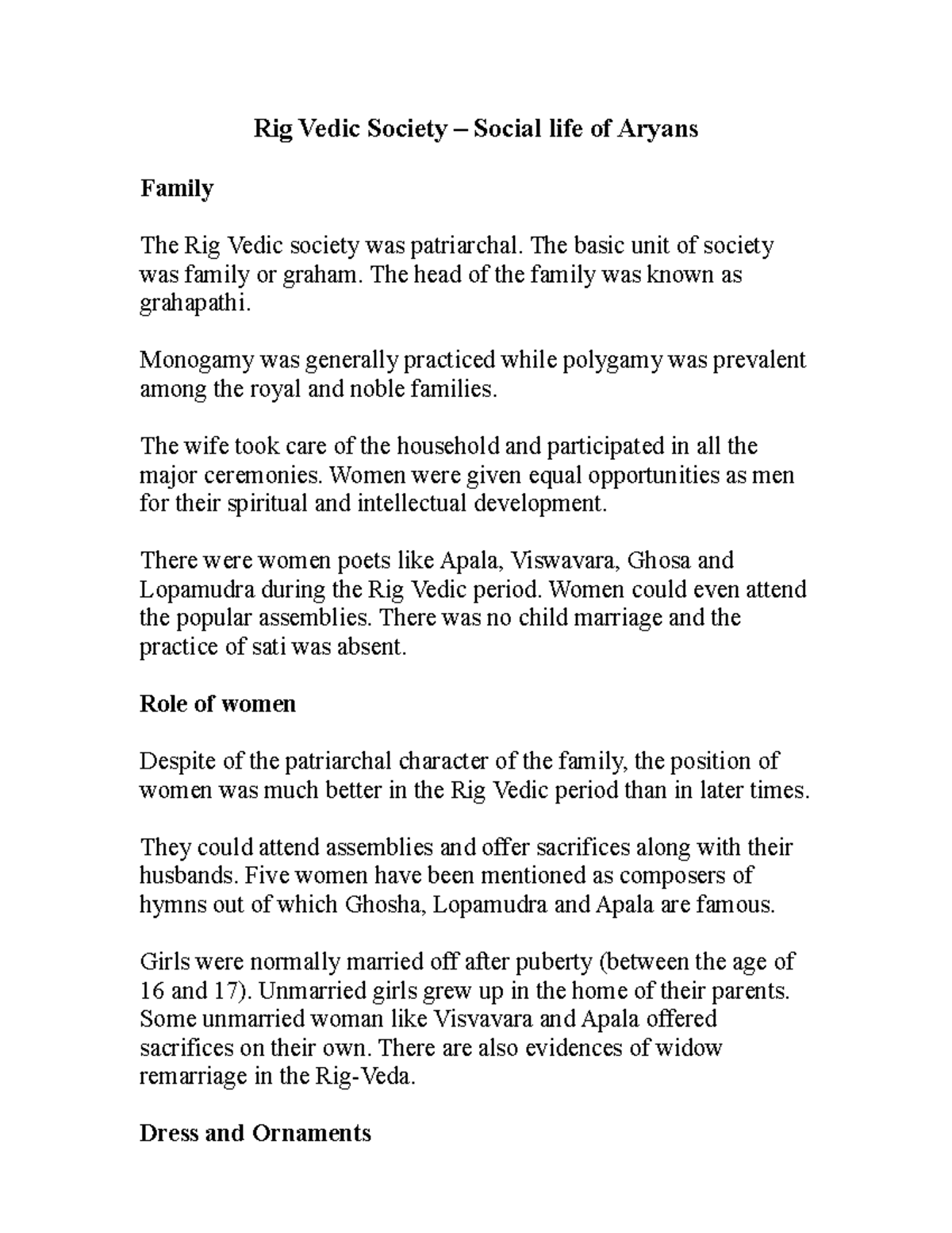 Social life of the rigvedic aryans - Rig Vedic Society – Social life of ...
