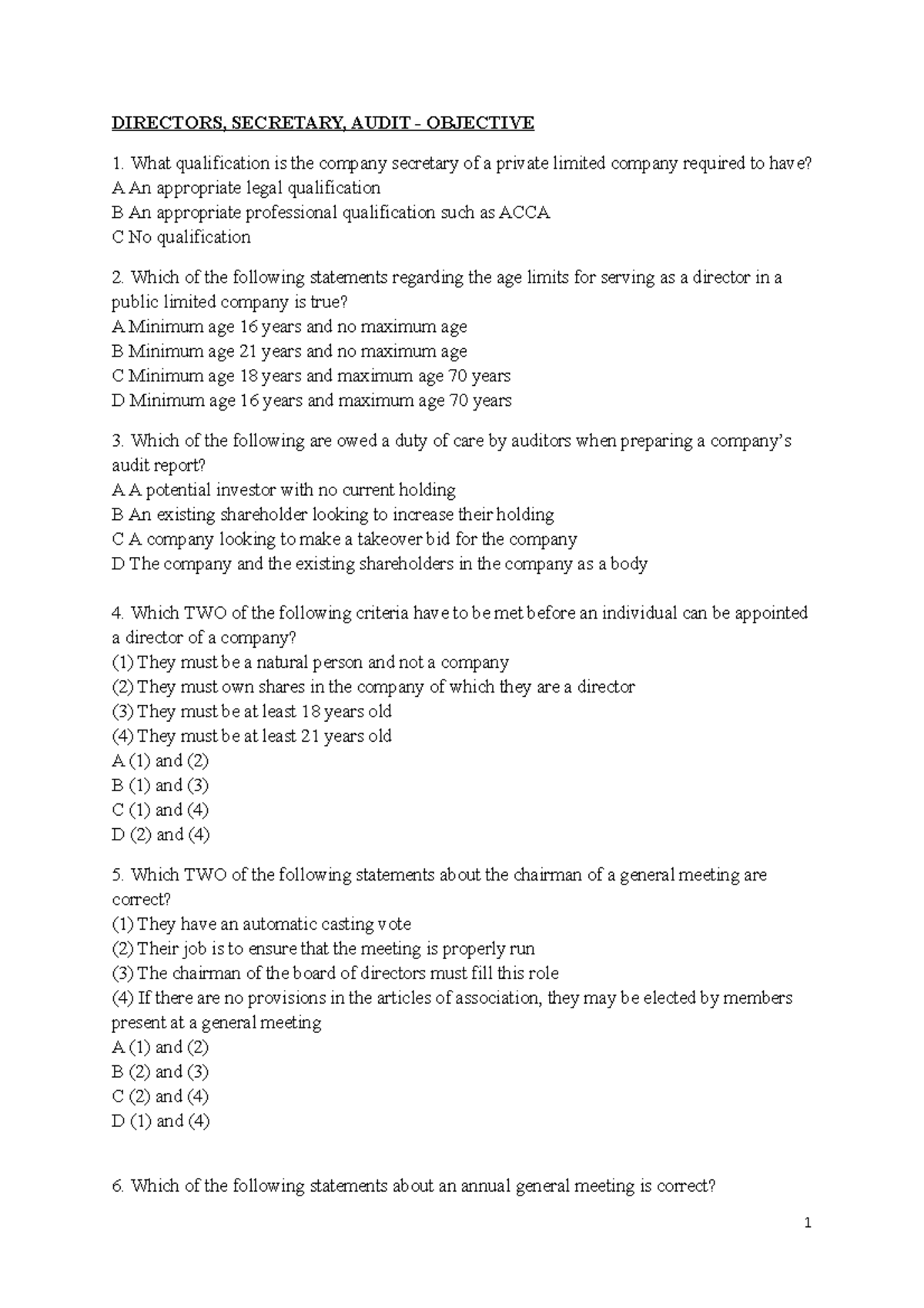 Director, Secretary, Auditor Tutorial (ques) Done - DIRECTORS ...
