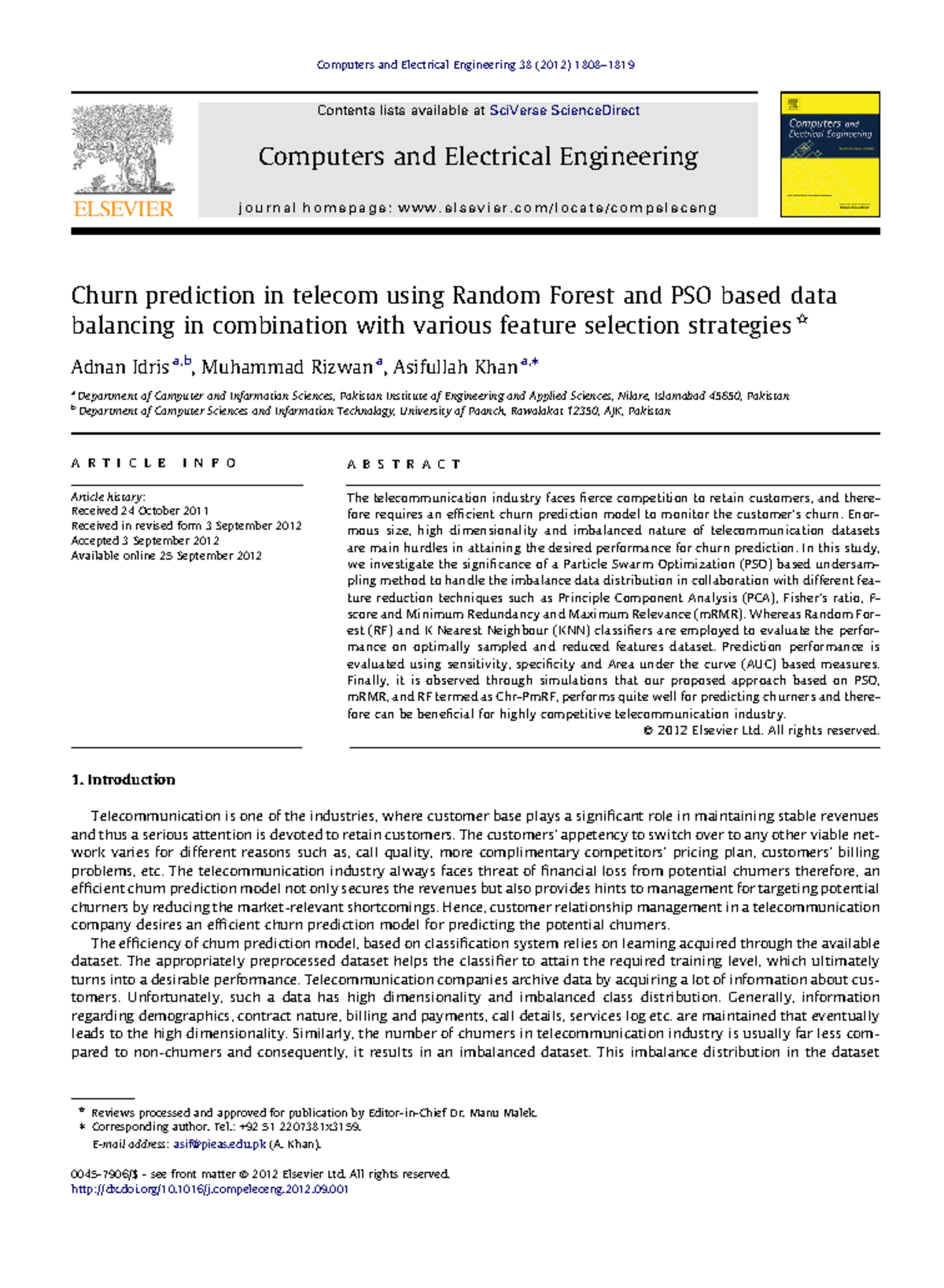 2012 Idris Churn prediction in telecom - Churn prediction in telecom using Random Forest and PSO ...