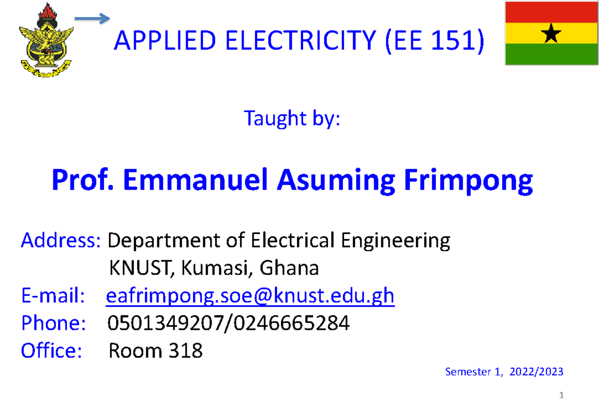 Applied Electricity 1 - ####### APPLIED ELECTRICITY (EE 151) Taught by ...