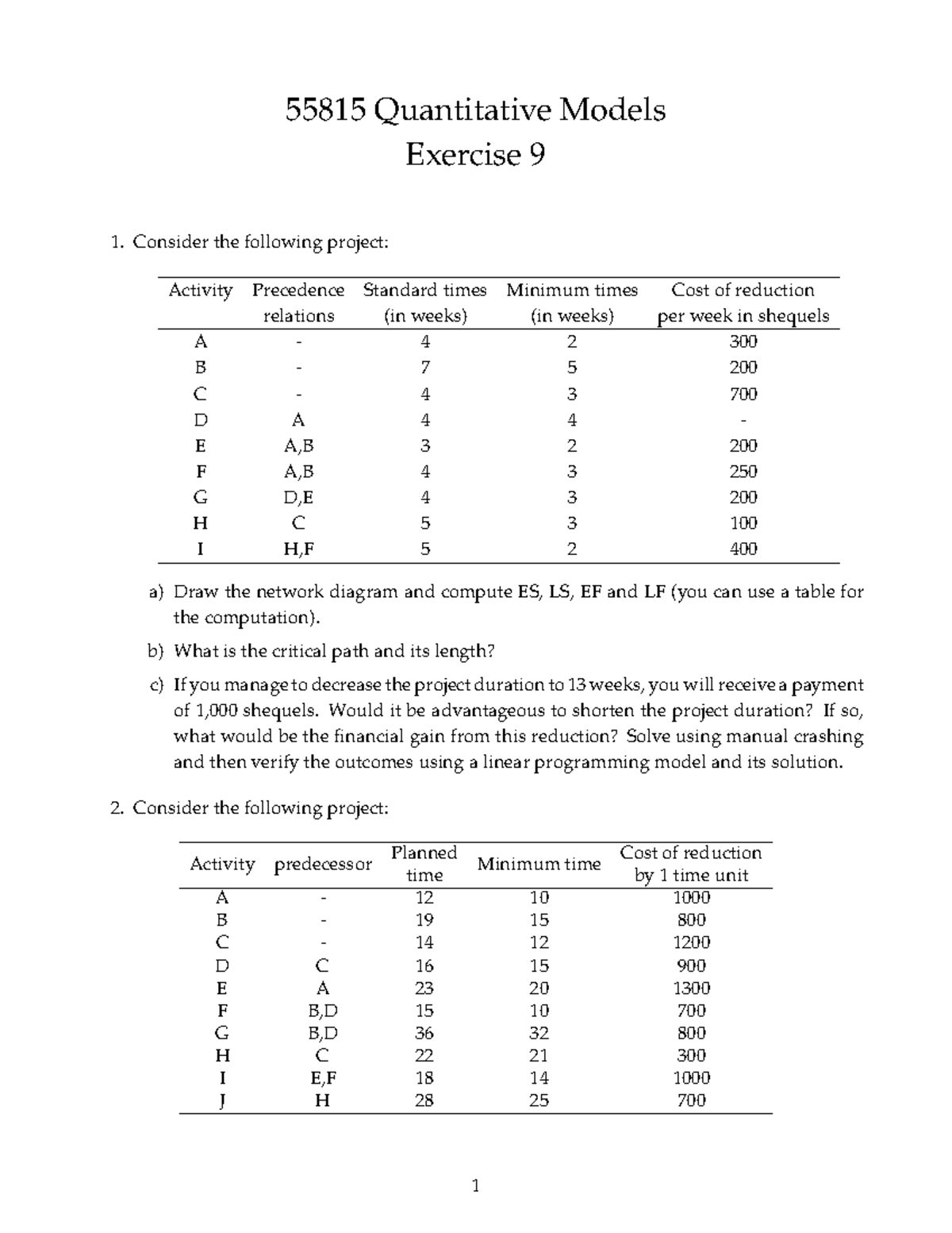 Assignment 9 solution - ASSIGNEMNT - 55815 Quantitative Models Exercise ...