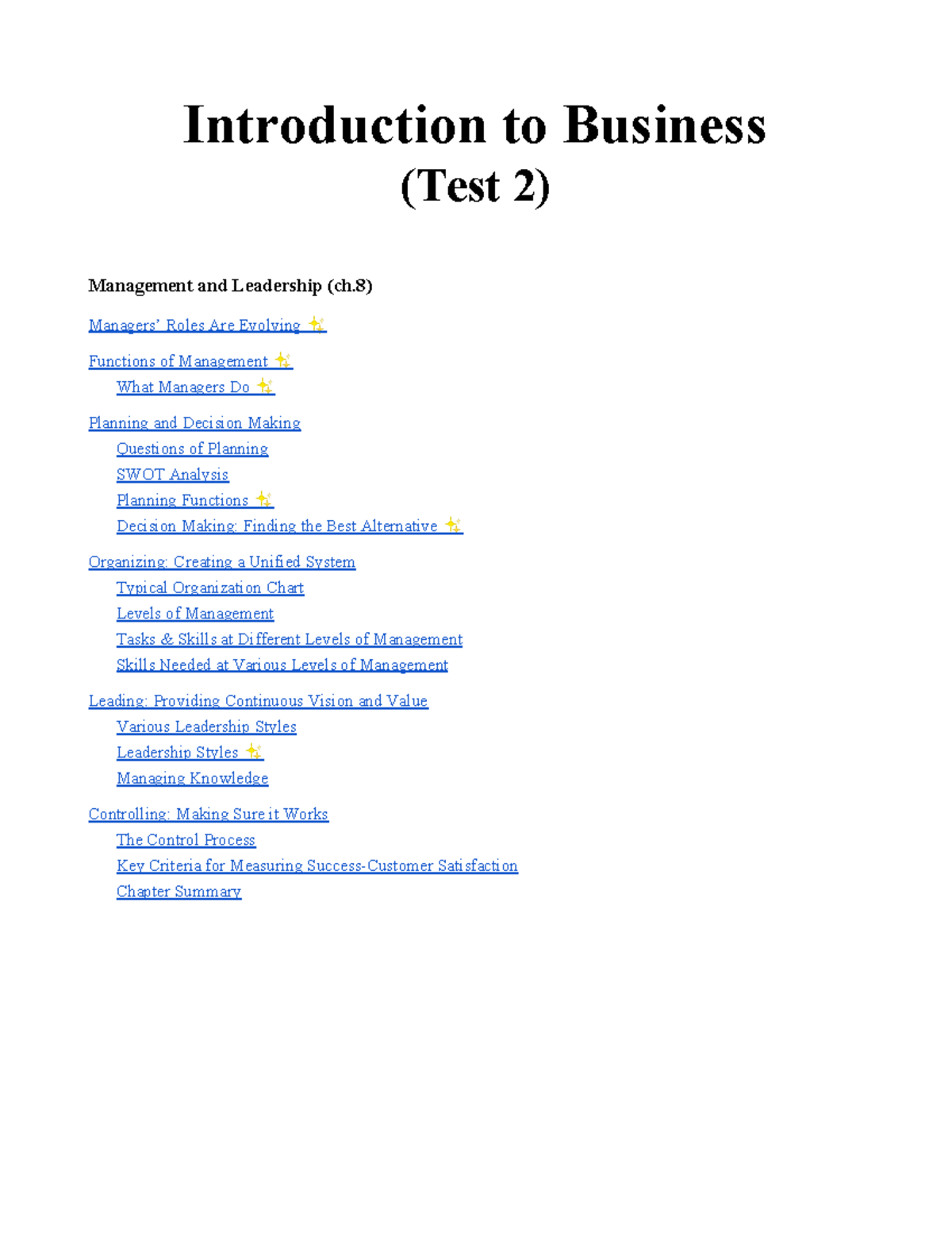 Complete review for Exam 2 - Introduction to Business (Test 2 ...