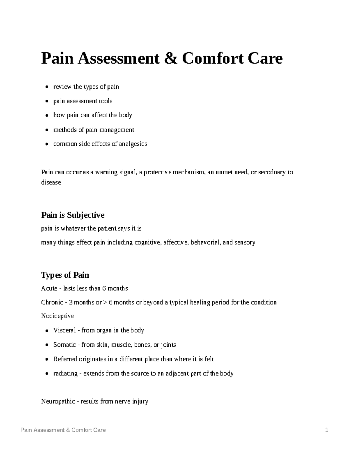 Pain Assessment Comfort Care - Pain Assessment & Comfort Care 1 Pain ...