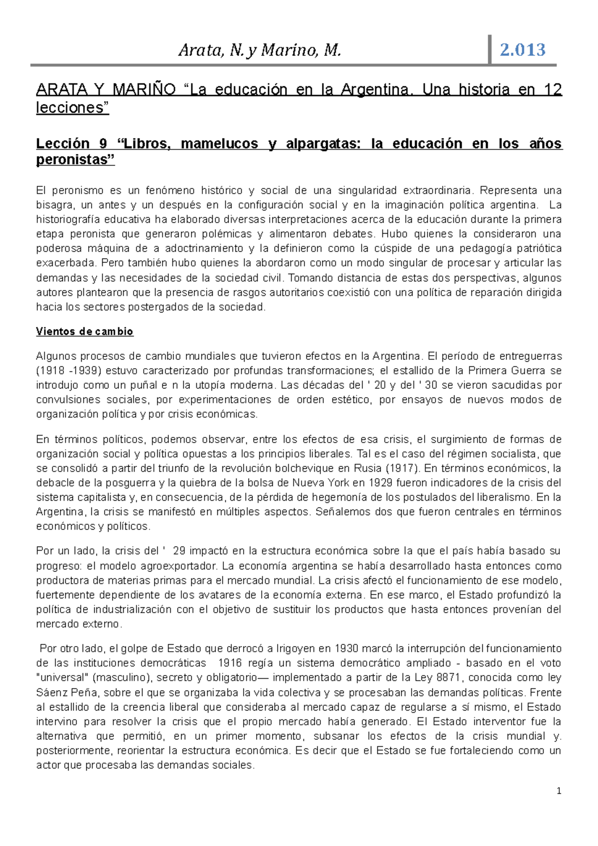 Arata Y Mariño - resumen - ARATA Y MARIÑO “La educación en la Argentina. Una historia en 12 ...