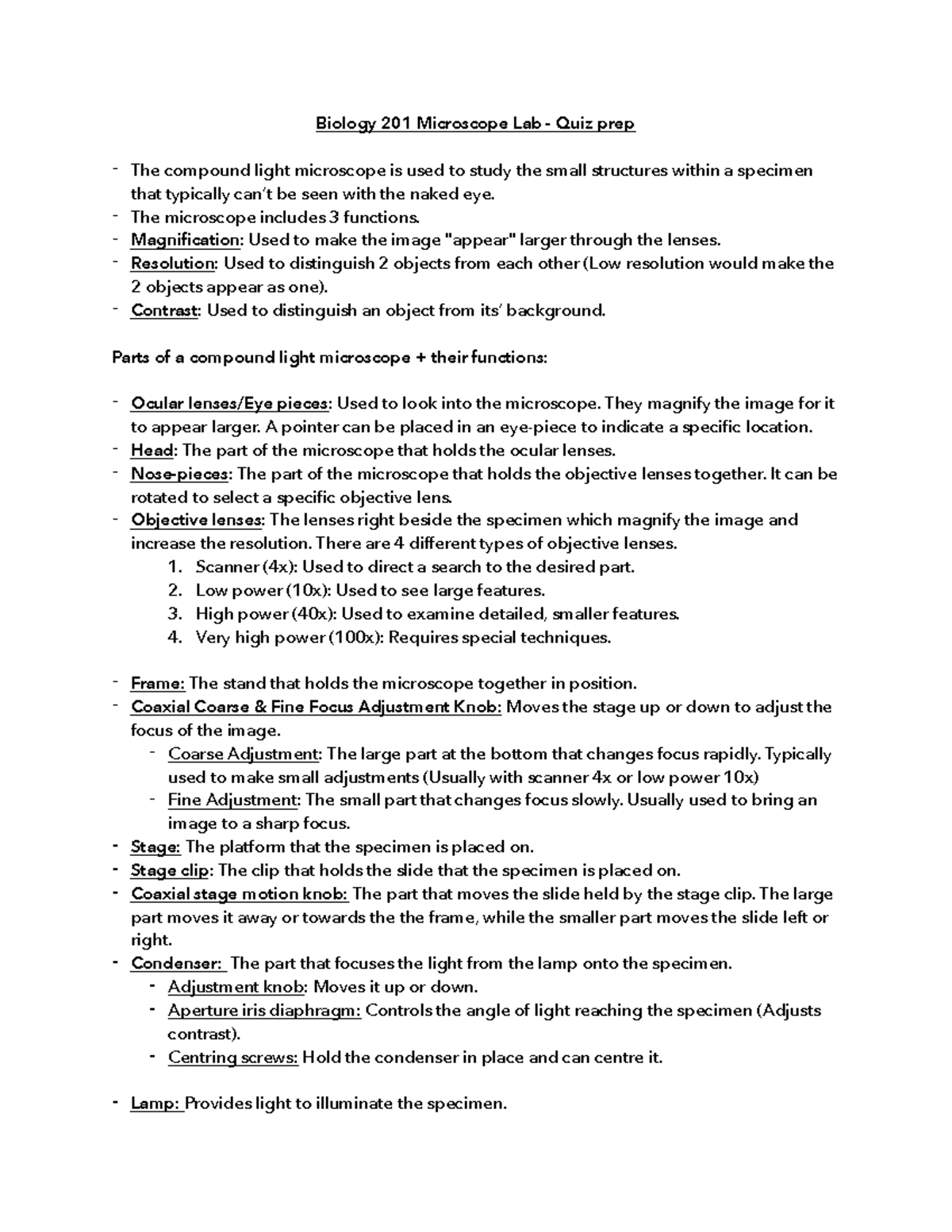 BIO Microscope LAB PREP - Biology 201 Microscope Lab - Quiz prep - The ...